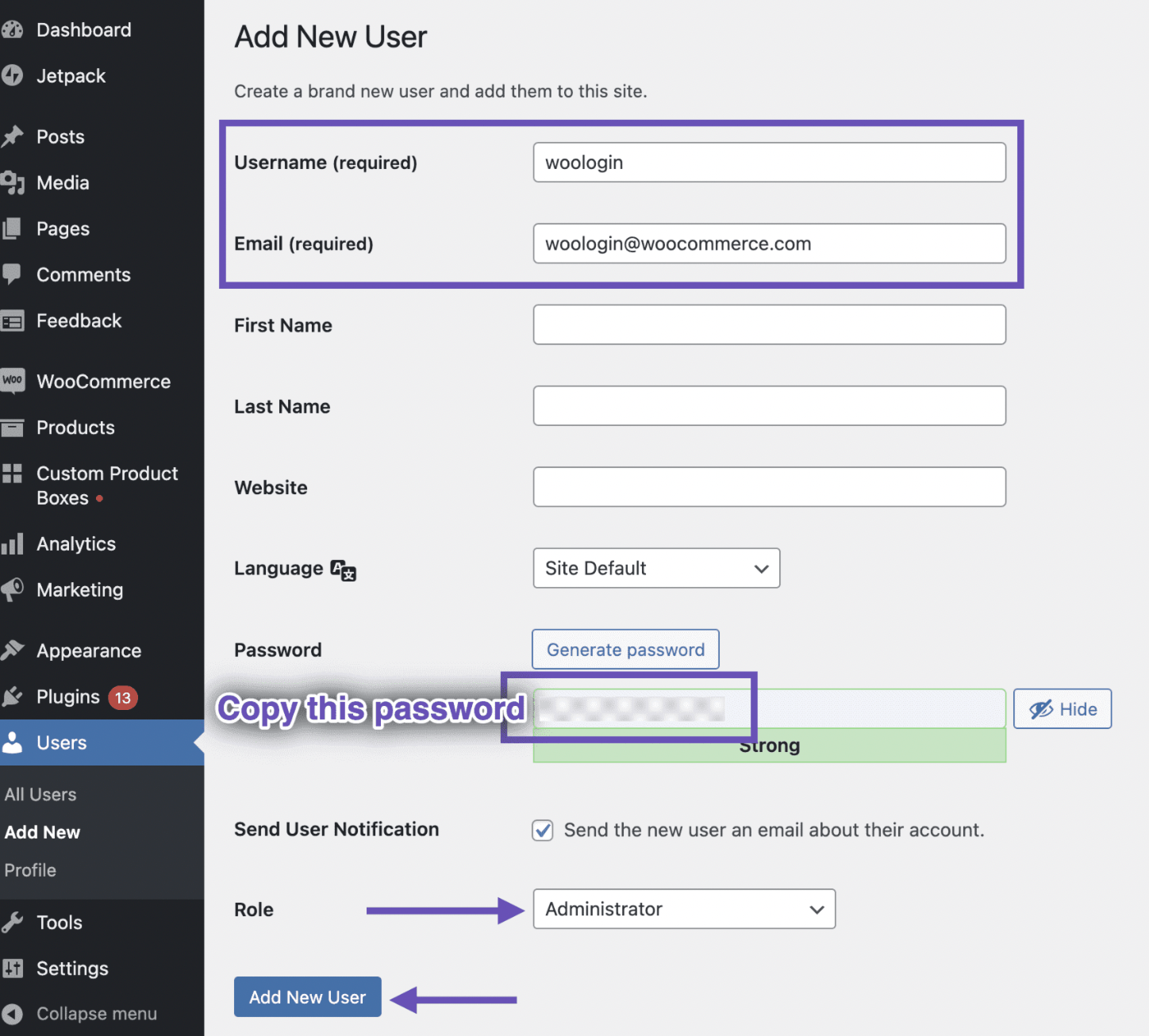 Create a new administrator account in WordPress - WooCommerce