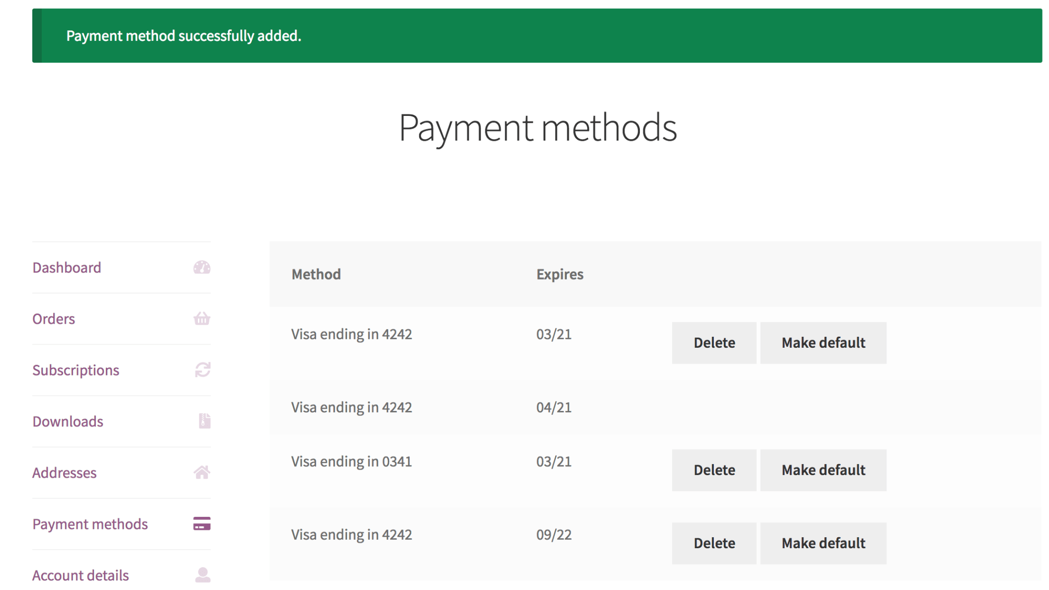 Manage Payment Methods — Subscriptions Documentation - WooCommerce