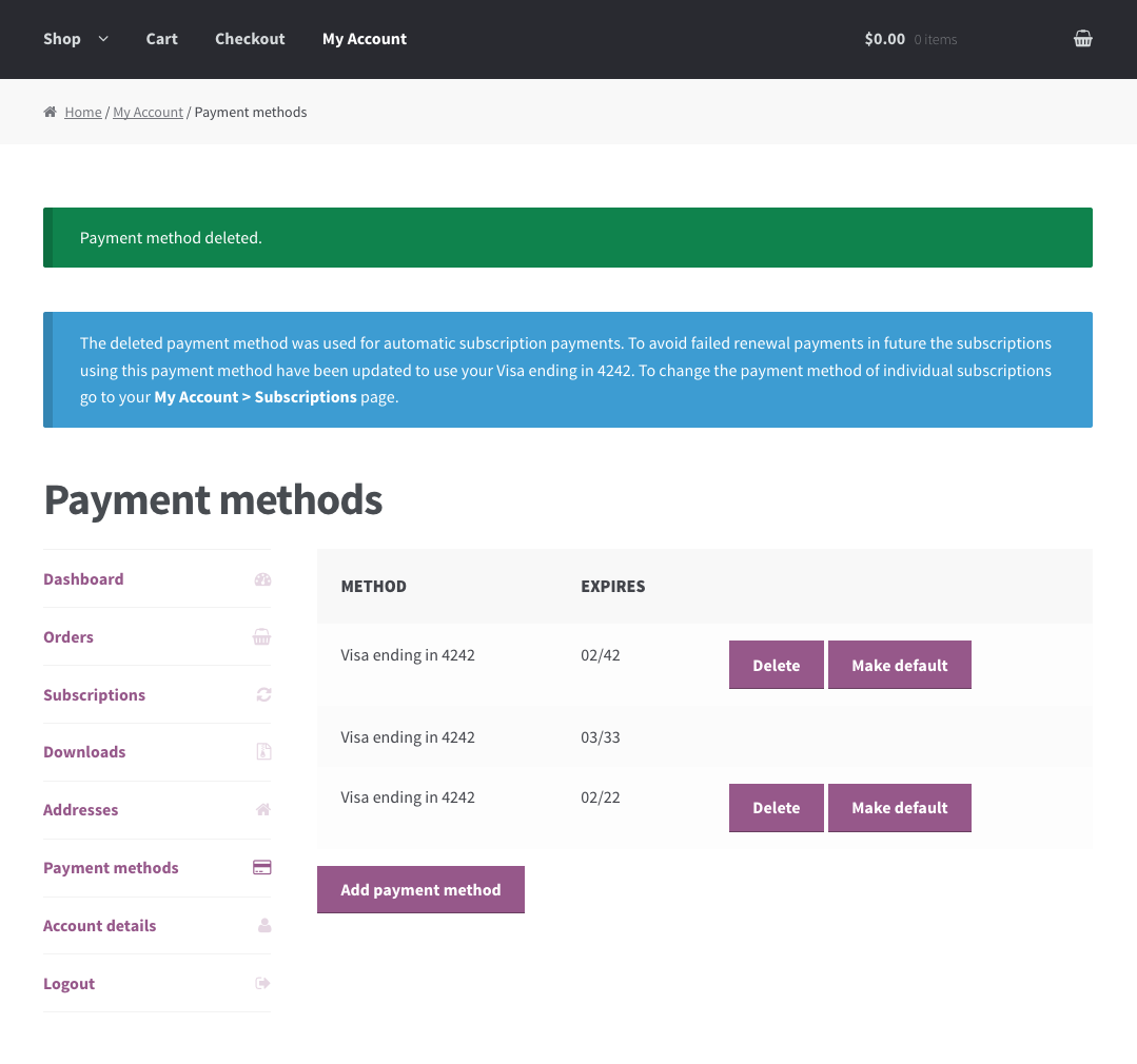 Manage Payment Methods — Subscriptions Documentation - WooCommerce