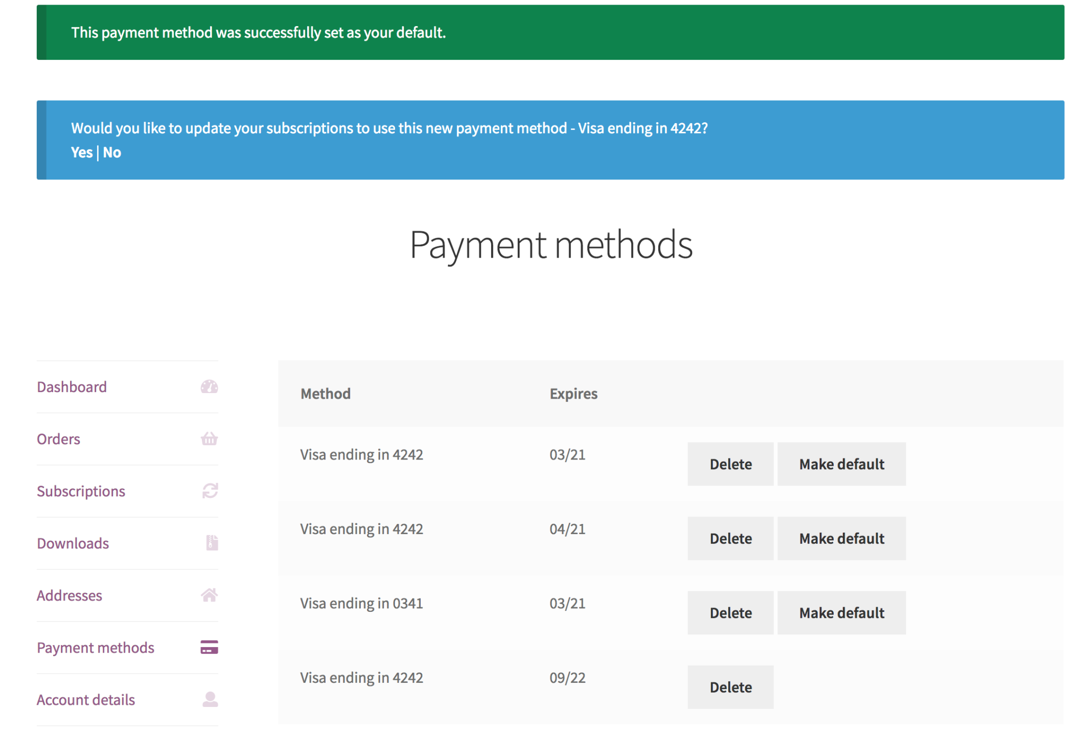 Manage Payment Methods — Subscriptions Documentation - WooCommerce