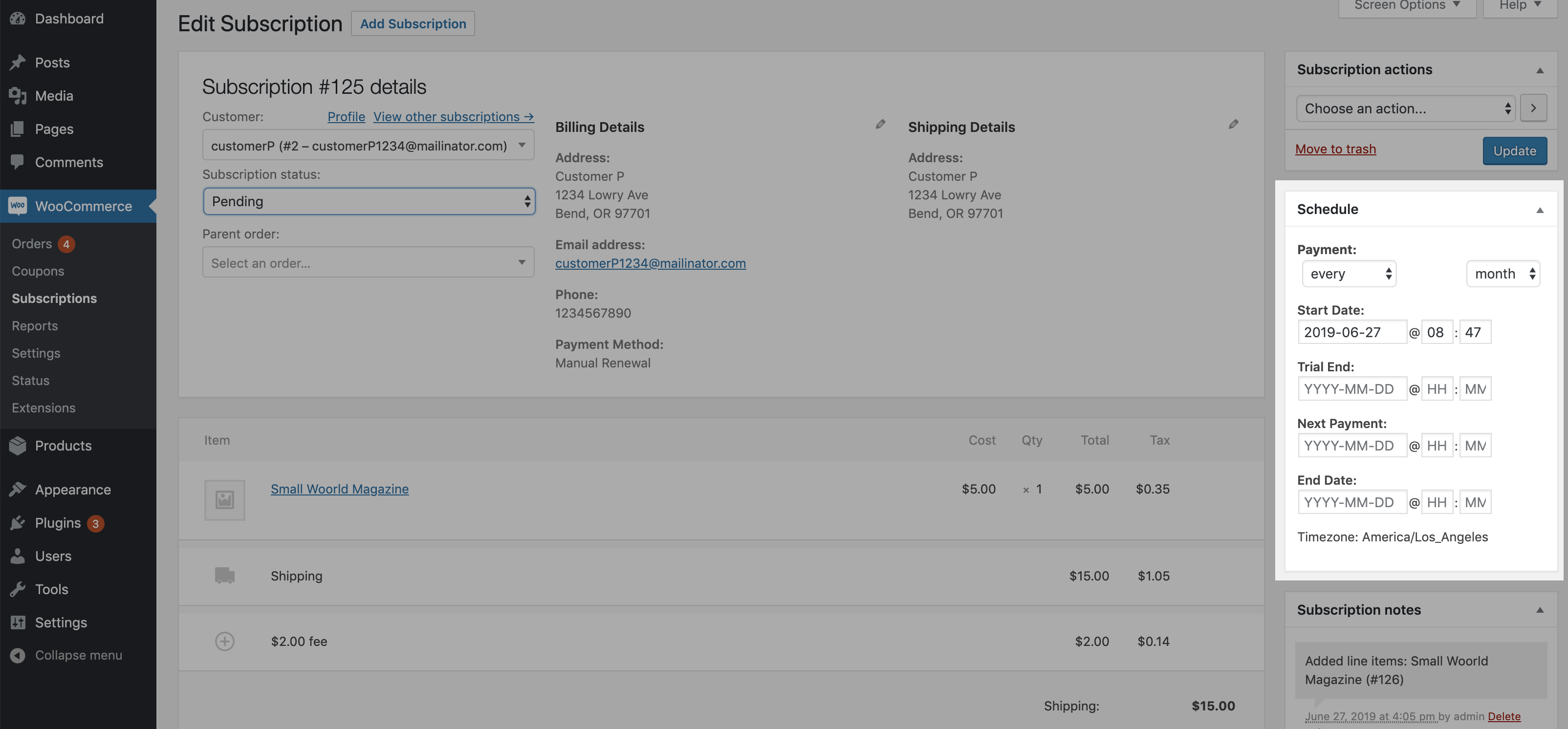 Edit an Existing Subscription Documentation - WooCommerce