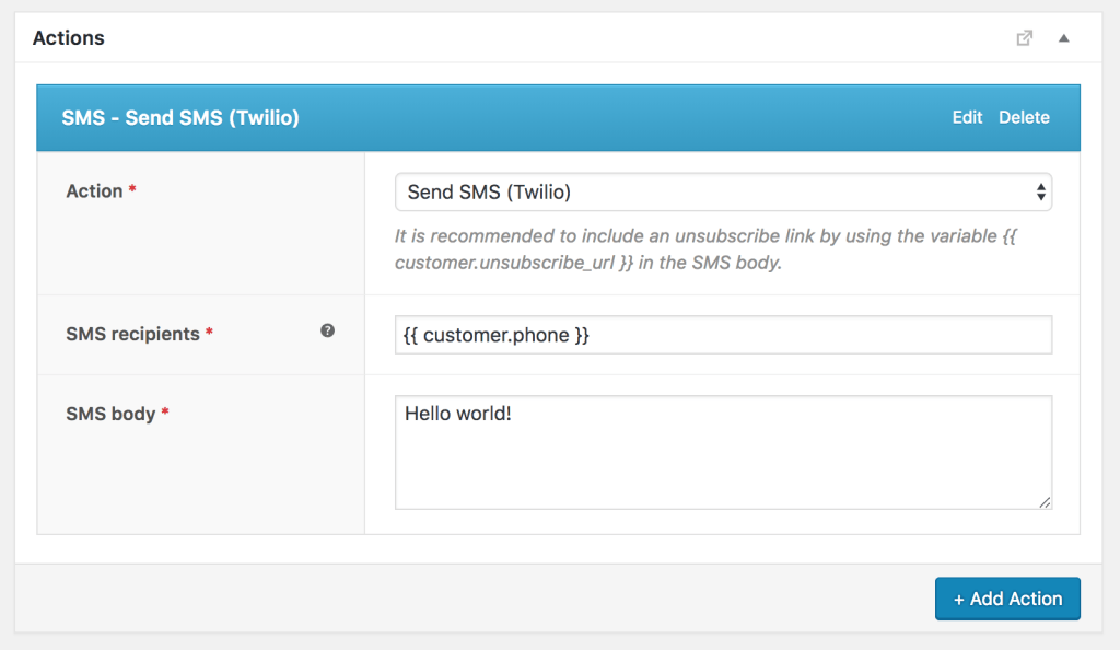 Sending SMS from a workflow Documentation - WooCommerce