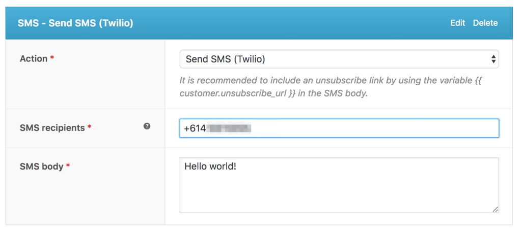 Sending SMS from a workflow Documentation - WooCommerce
