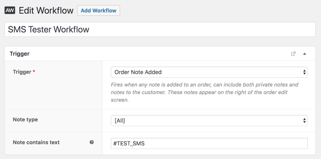Sending SMS from a workflow Documentation - WooCommerce