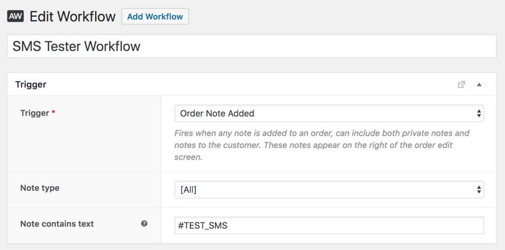 Sending SMS from a workflow Documentation - WooCommerce