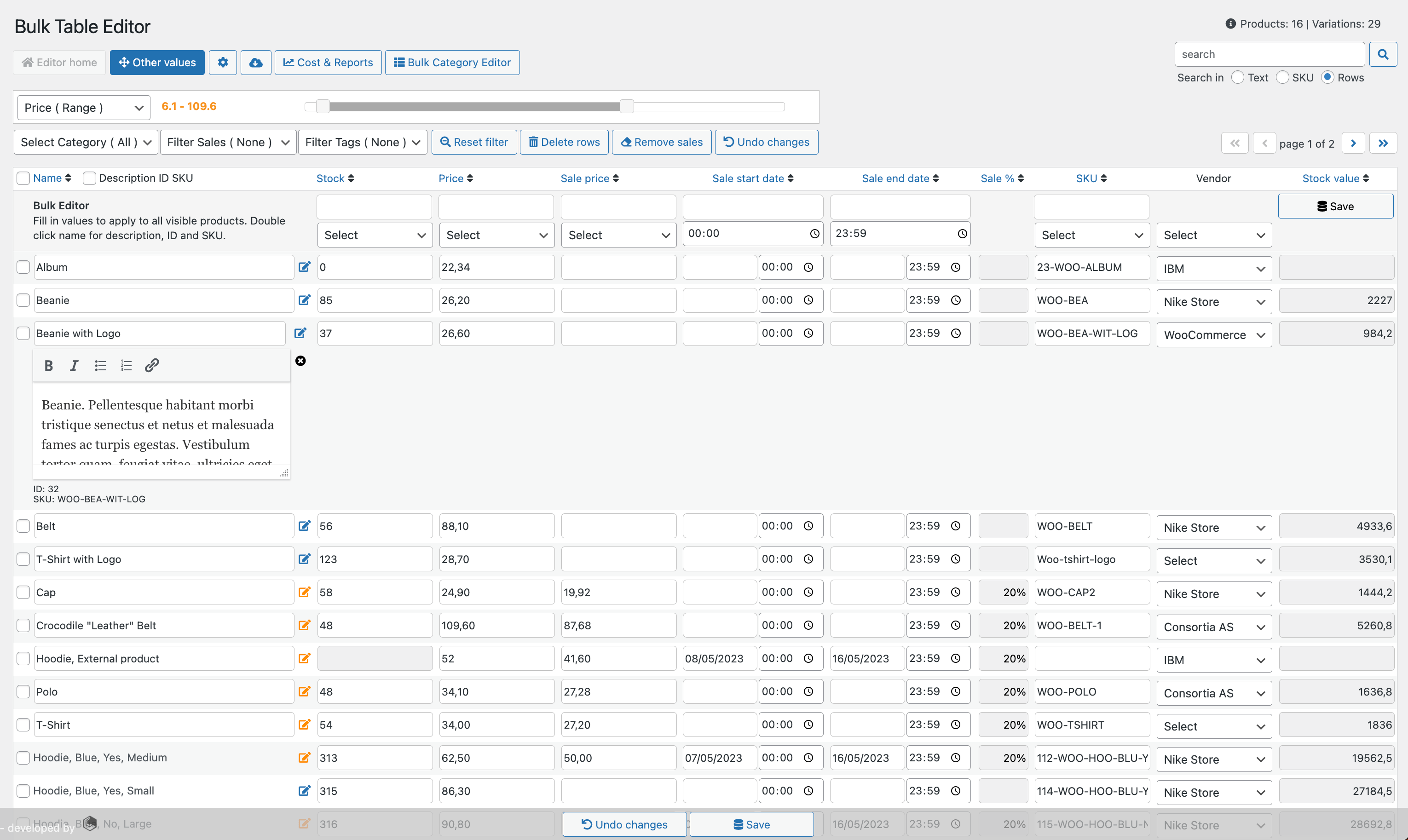 Bulk Table Editor - WooCommerce