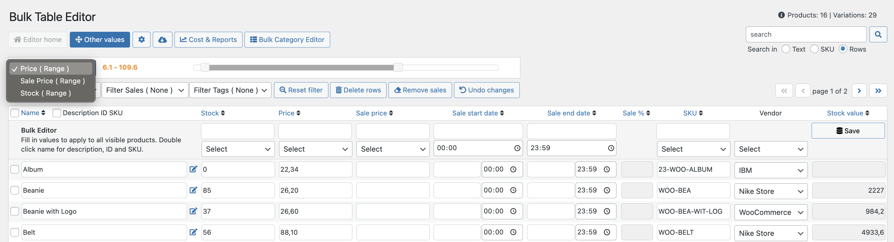Bulk Table Editor - WooCommerce