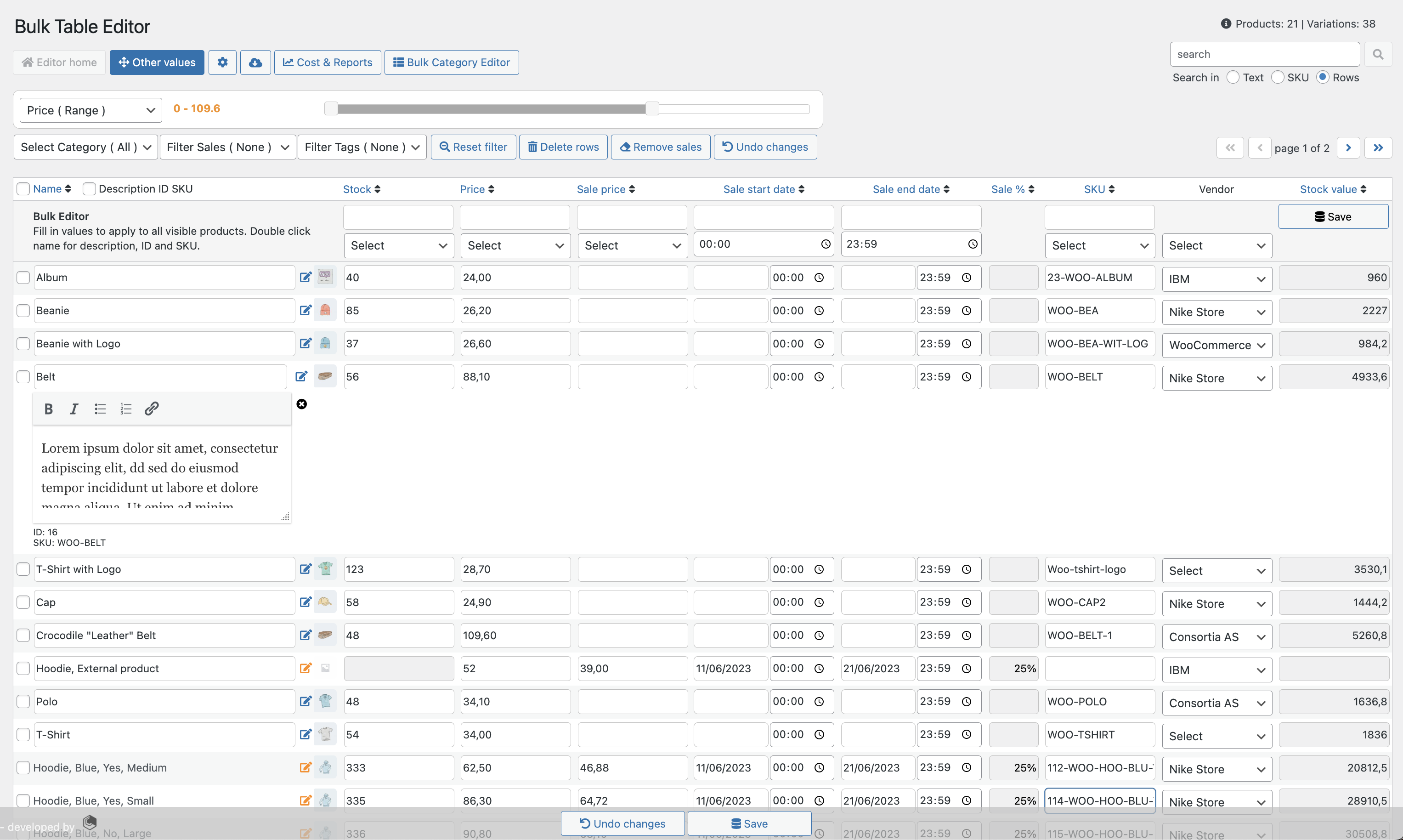 Bulk Table Editor - WooCommerce