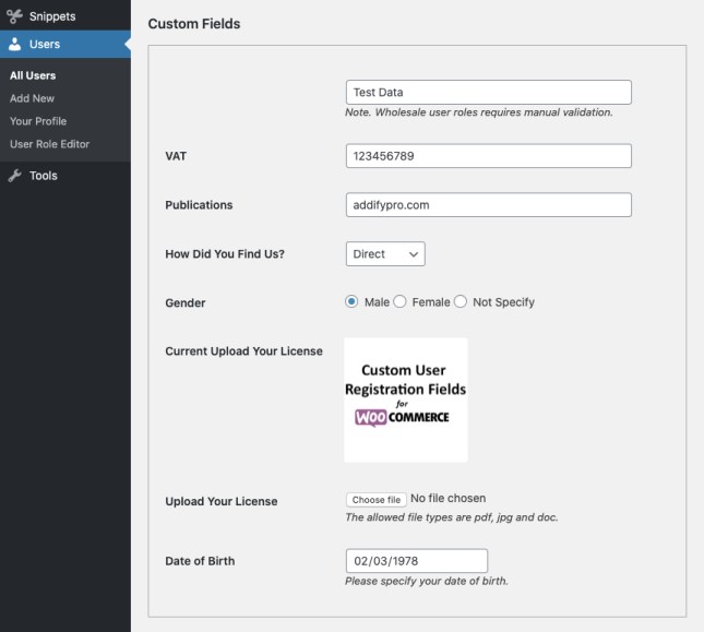 Custom User Registration Fields - WooCommerce