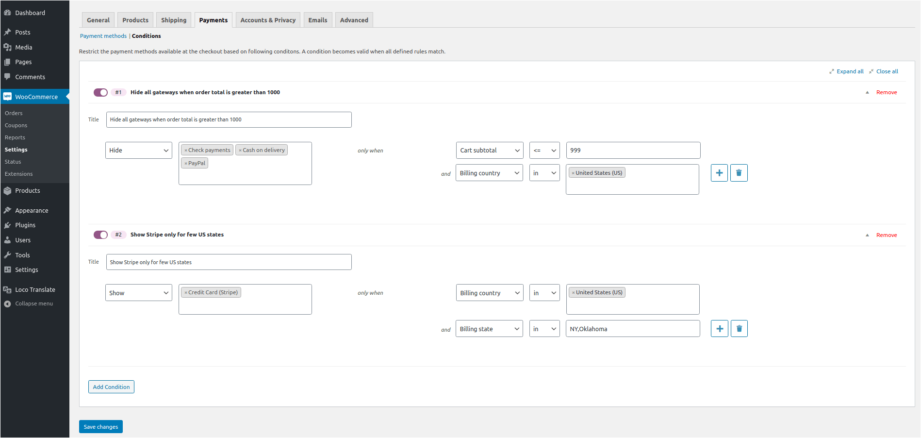 Conditional Payment Methods For WooCommerce Documentation - WooCommerce