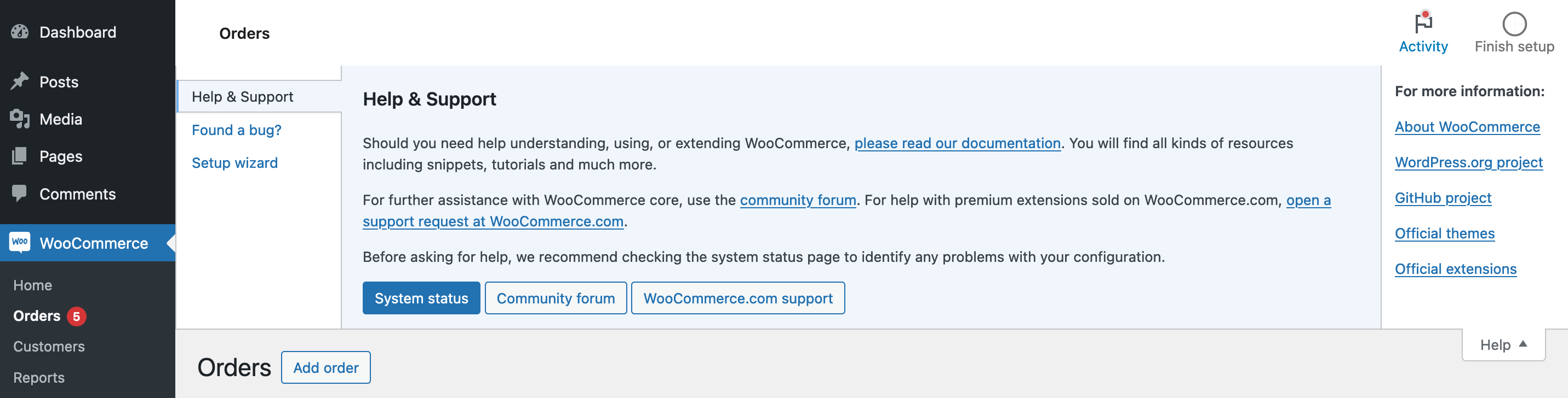 Get help in your WooCommerce store admin dashboard: Documentation - WooCommerce