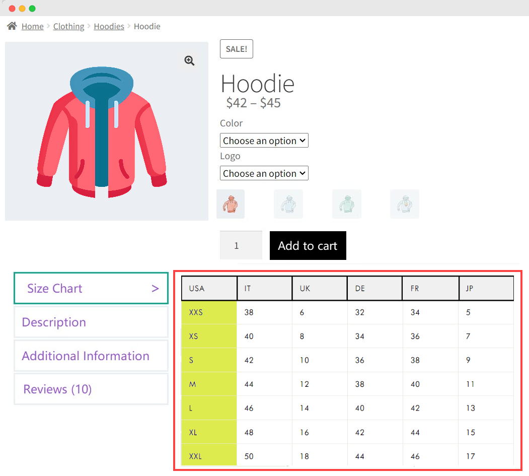WooCommerce Size Chart: Product Size Guide & Specifications