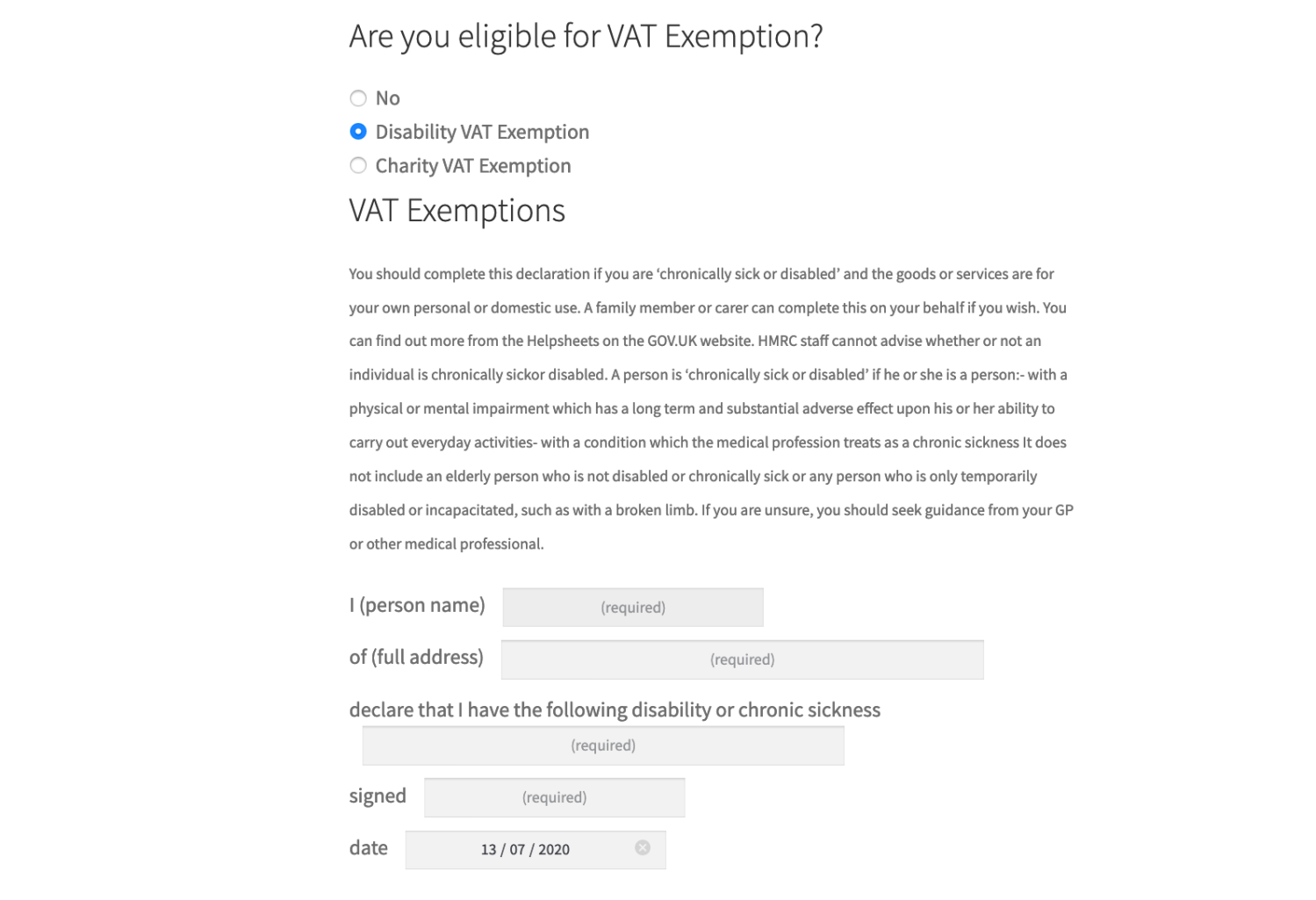 Disability VAT Exemption Documentation - WooCommerce
