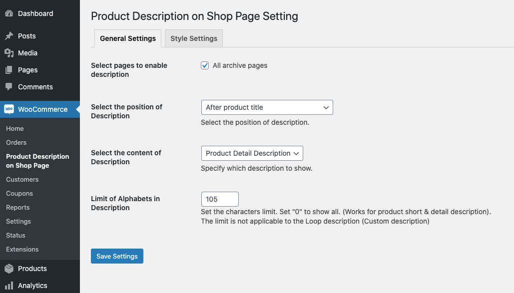 Documentation of Product Description on Shop Page Plugin