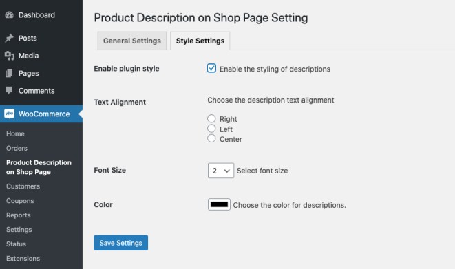 Documentation of Product Description on Shop Page Plugin