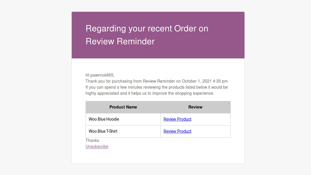 Review Reminder for WooCommerce – Remind Users to Review their Purchases