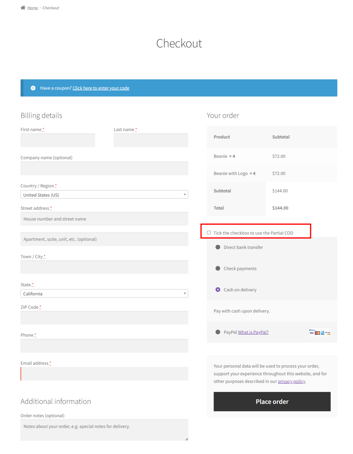 Partial COD(cash on delivery) for WooCommerce | WP Swings