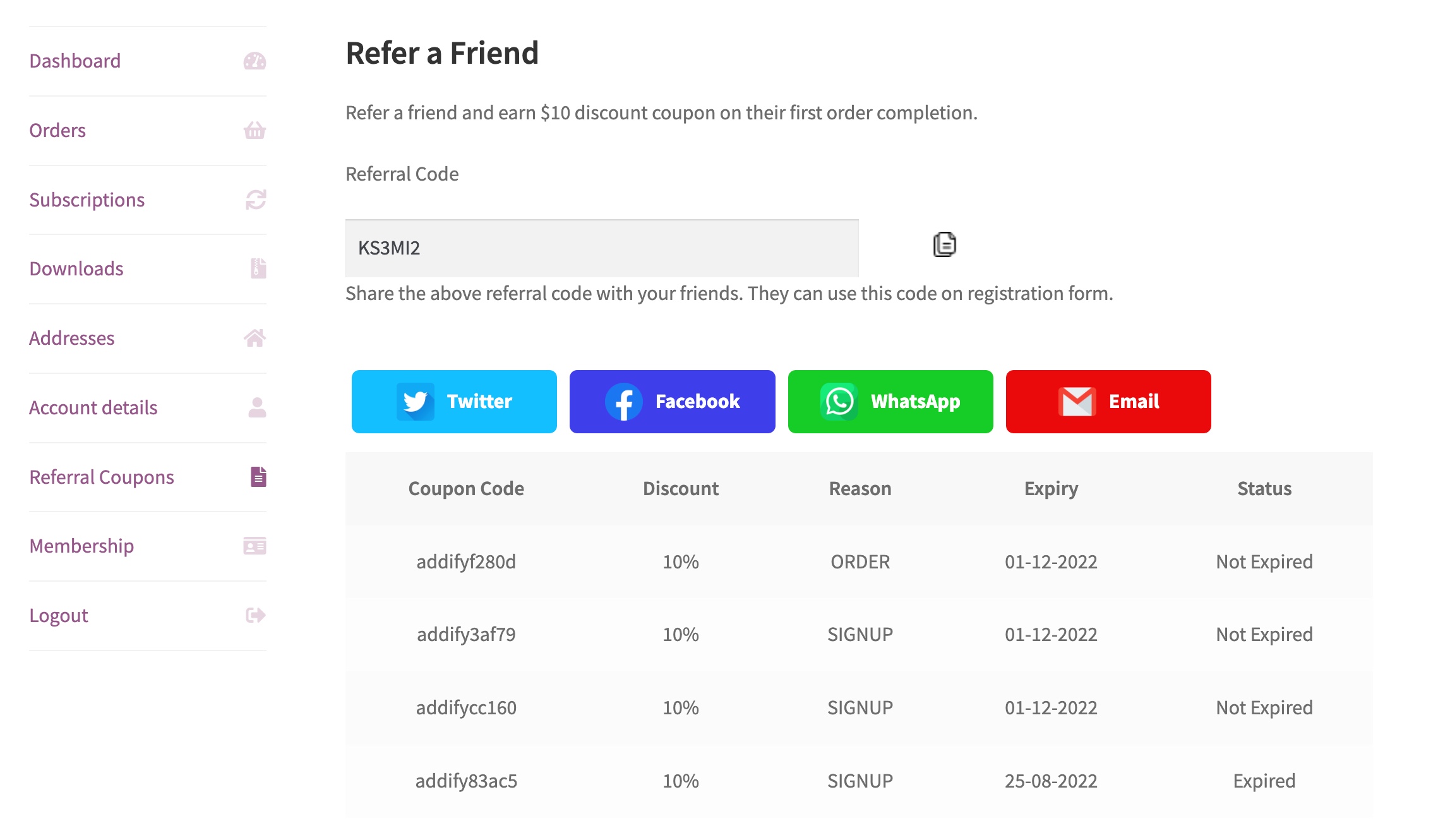 WooCommerce Refer a Friend - Discount on Signup or Order