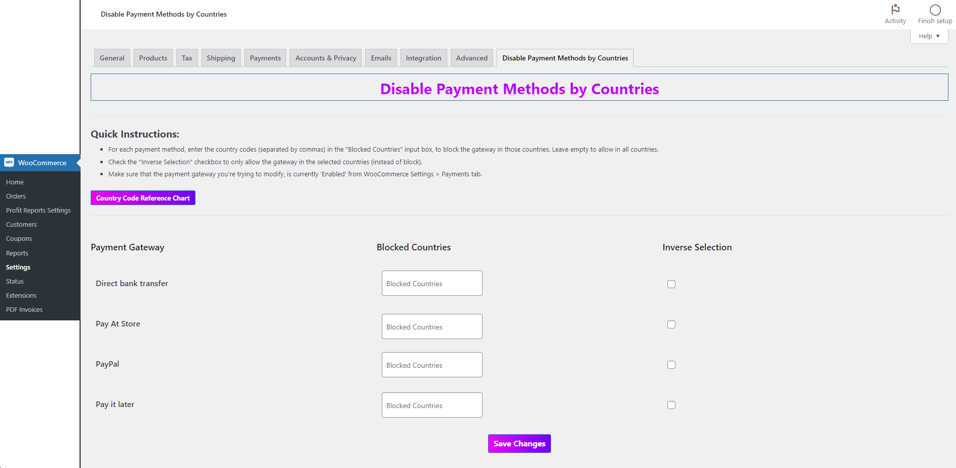 Disable Payment Methods By Countries Documentation - WooCommerce