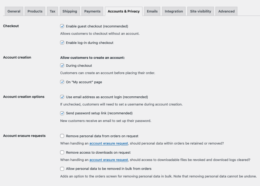 Accounts and Privacy Settings Documentation - WooCommerce