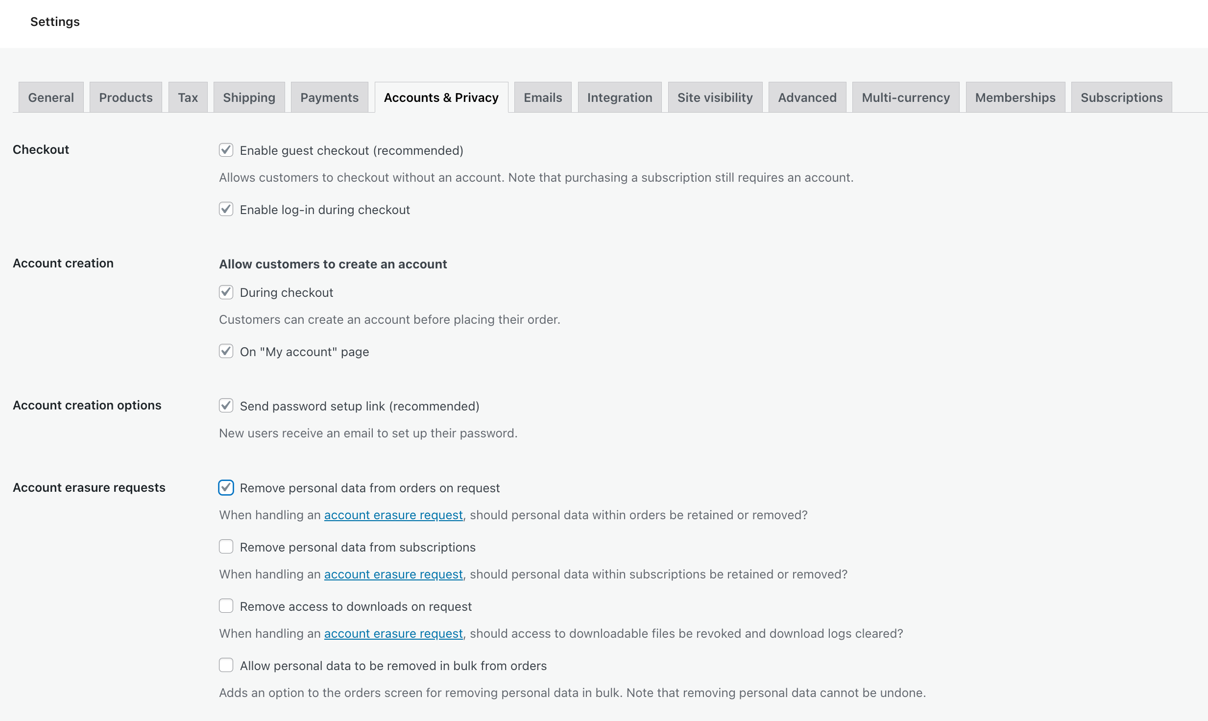 Accounts and Privacy Settings Documentation - WooCommerce