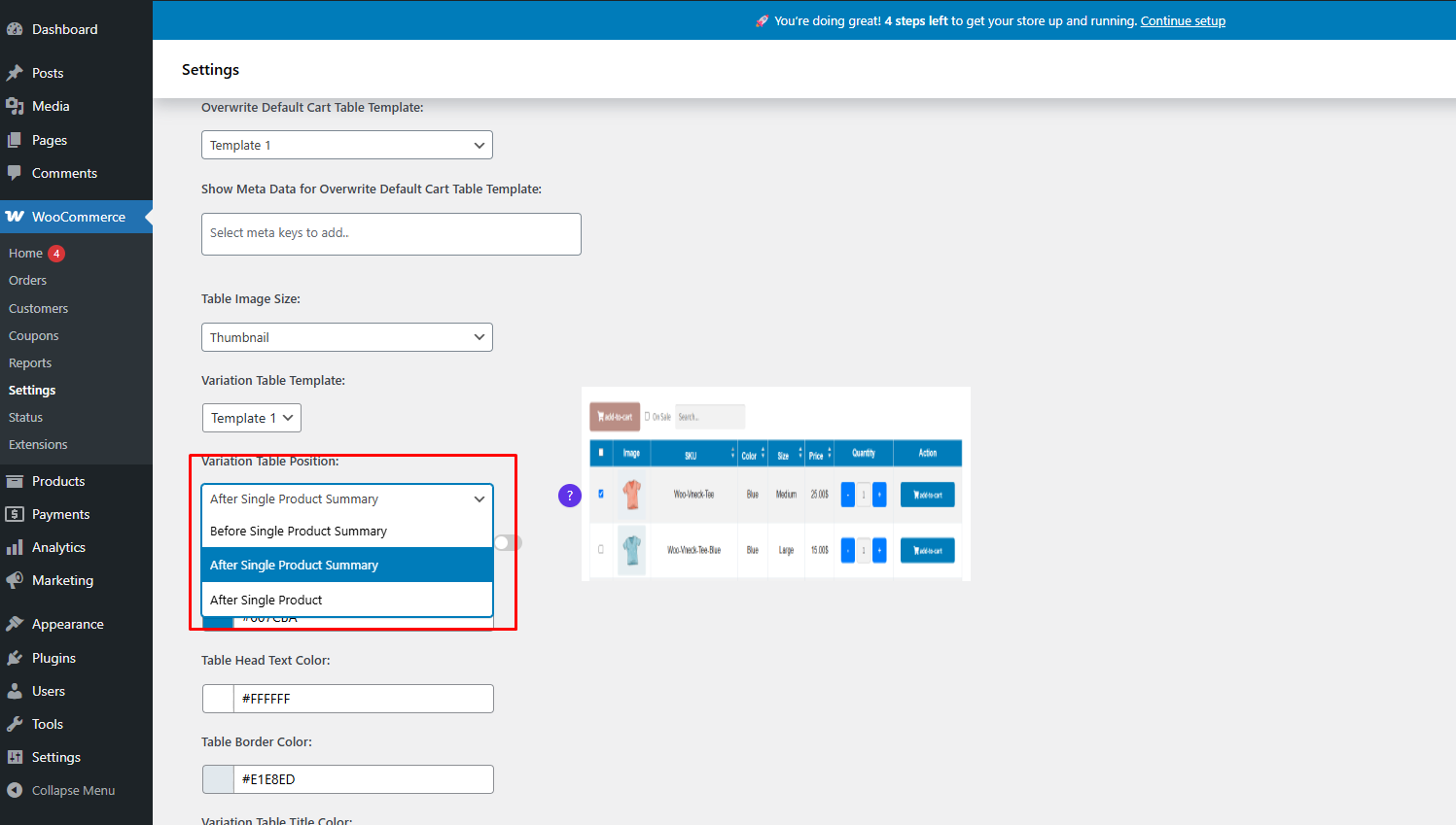 How to Configure the Variation Table Position on the Single Product ...
